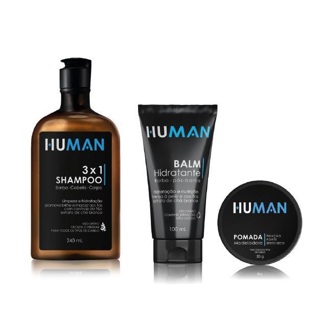 Kit Shampoo + Balm + Pomada Modeladora Fixacao Forte Human - Pomada ...