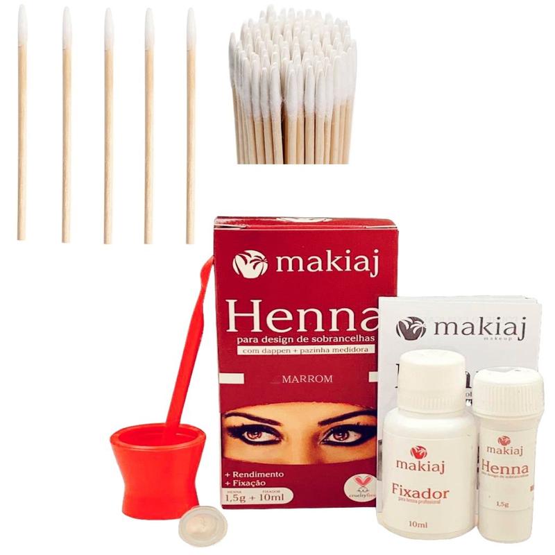 Kit Sobrancelha Henna Com Fixador Makiaj + 100 Aplicador Com Algodão ...