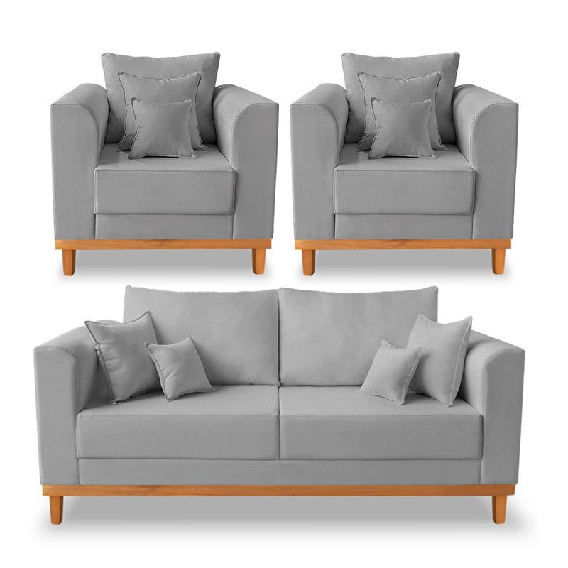 Kit Sofá 3 Lugares e 2 Poltronas Beny Viena Com Base de Madeira Linho Cinza - Madeira Prima ...
