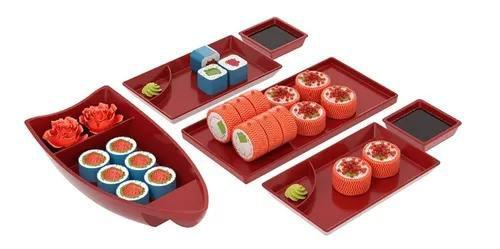 Kit Sushi 6 Peças Com Barca Pratos e Travessa vermelho- Coza ...
