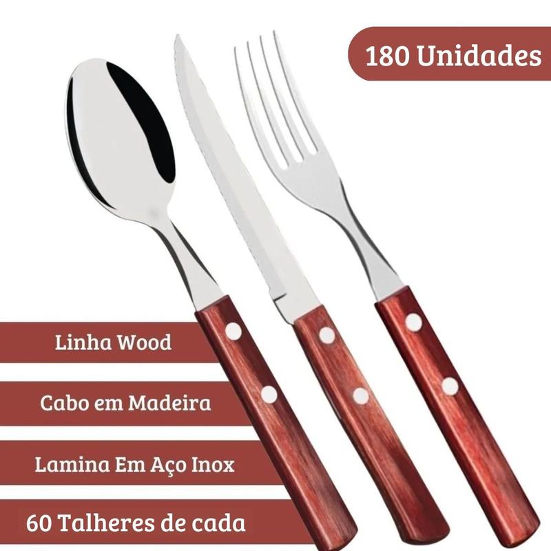 Kit Talheres De Mesa Em Inox Com Cabo De Madeira 180 Peças - Wellmix ...