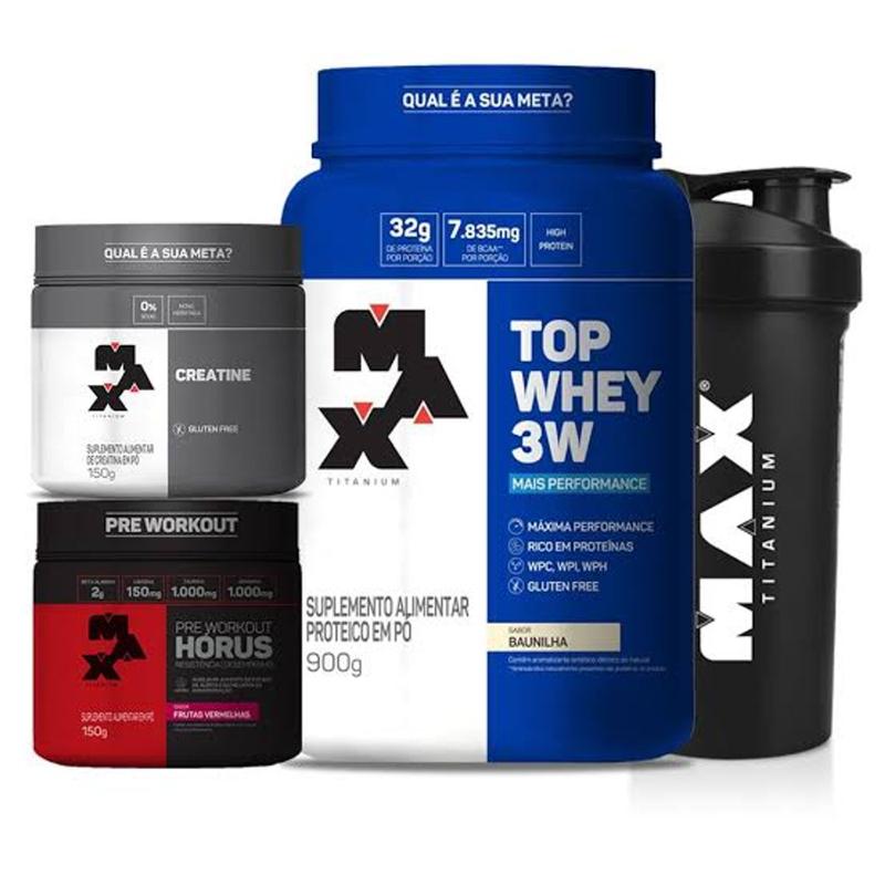 Kit Top whey 3w900g+ Pré Treino Horus 300g+ Creatina 300g+Coqueteleira ...