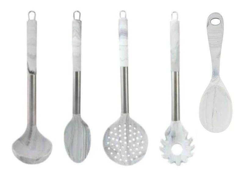 Kit Utensílios Silicone Cabo Inox Mármore Colheres Concha - ck ...