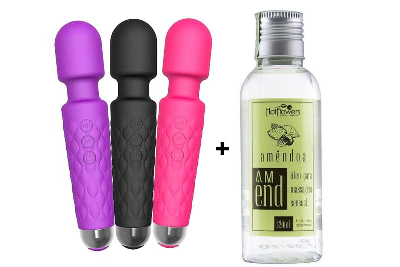 Kit: Vibrador Varinha Mágica 20 vibrações + Óleo para Massagem Amêndoas ...