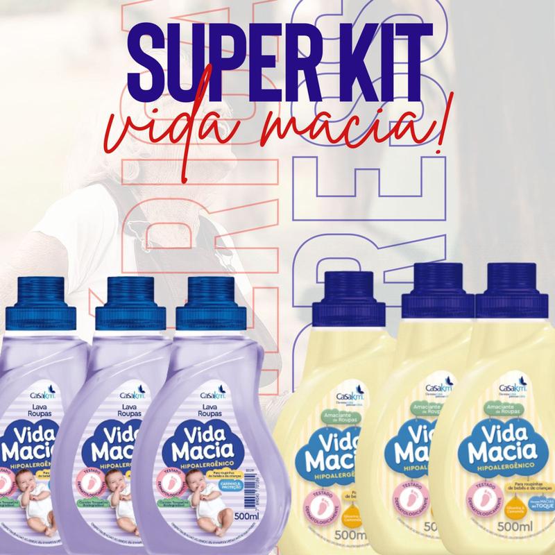Kit Vida Macia 500ml Bebê 3 Lava Roupas liquido + 3 Vida Macia Camomila ...