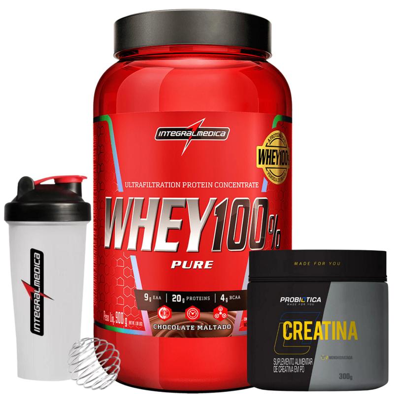 Kit Whey 100% Pure - Protein Concentrado - 900g - Pote + Creatina ...