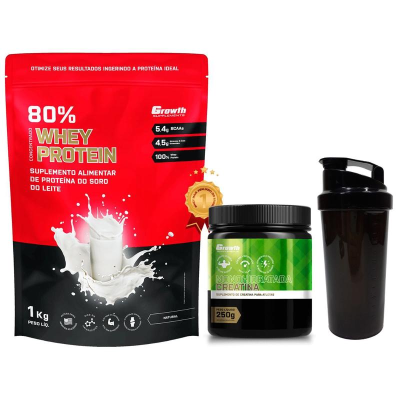 Kit Whey Growth Sabores 1kg + Creatina 250g + Shakeira 600ml - Growth Supplements - Kit de ...