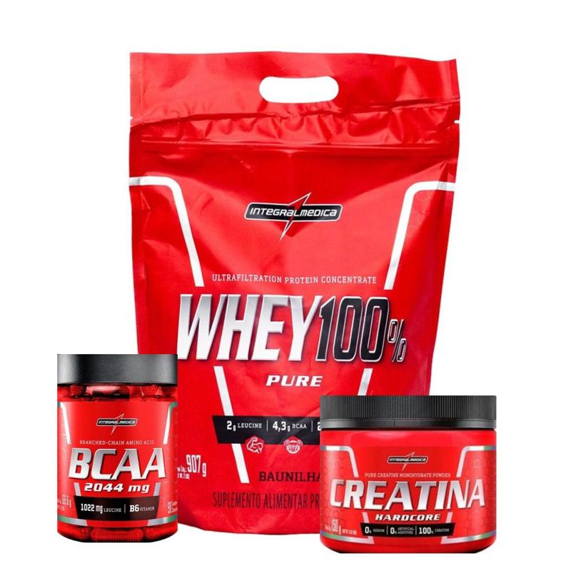 Kit Whey Protein 100% Concentrado + Creatina 150g + Bcaa 2044 90 caps ...