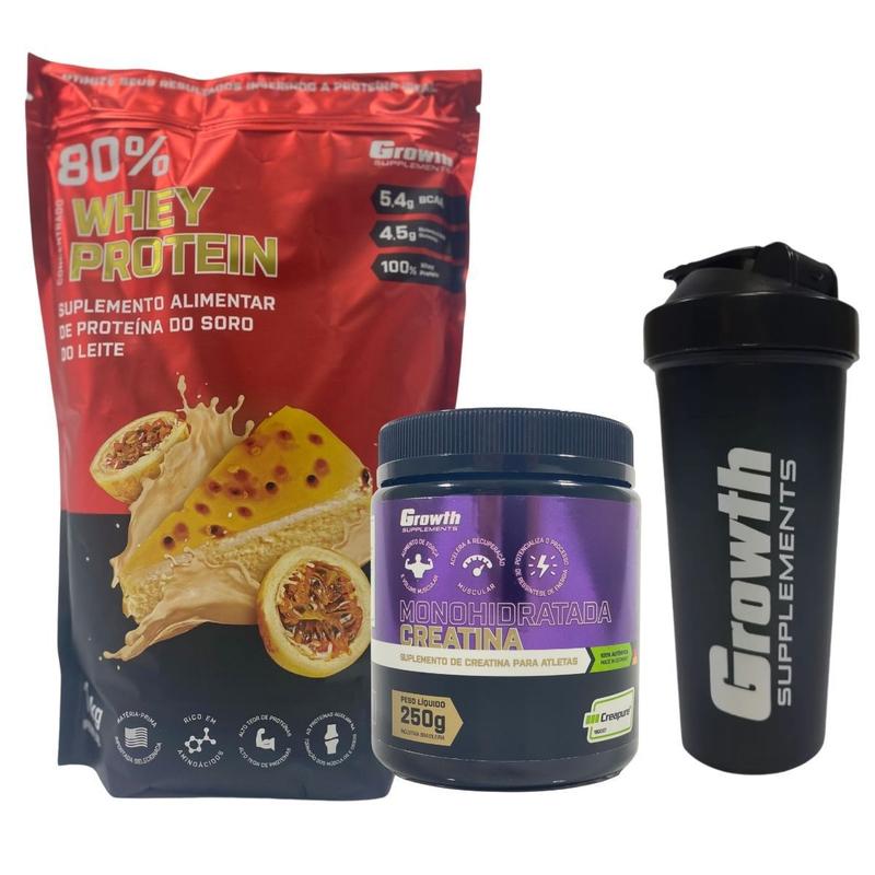 Kit Whey Protein 80% 1kg + Creatina Growth + Coqueteleira - Growth ...