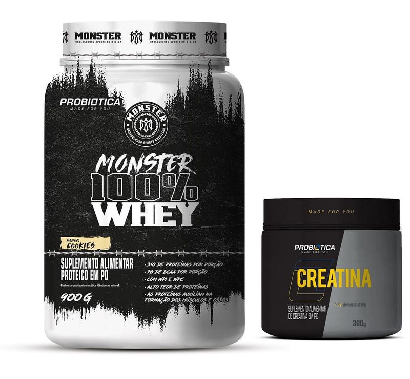 Kit Whey Protein Monster 100% Whey 900g + Creatina Pura 300g ...