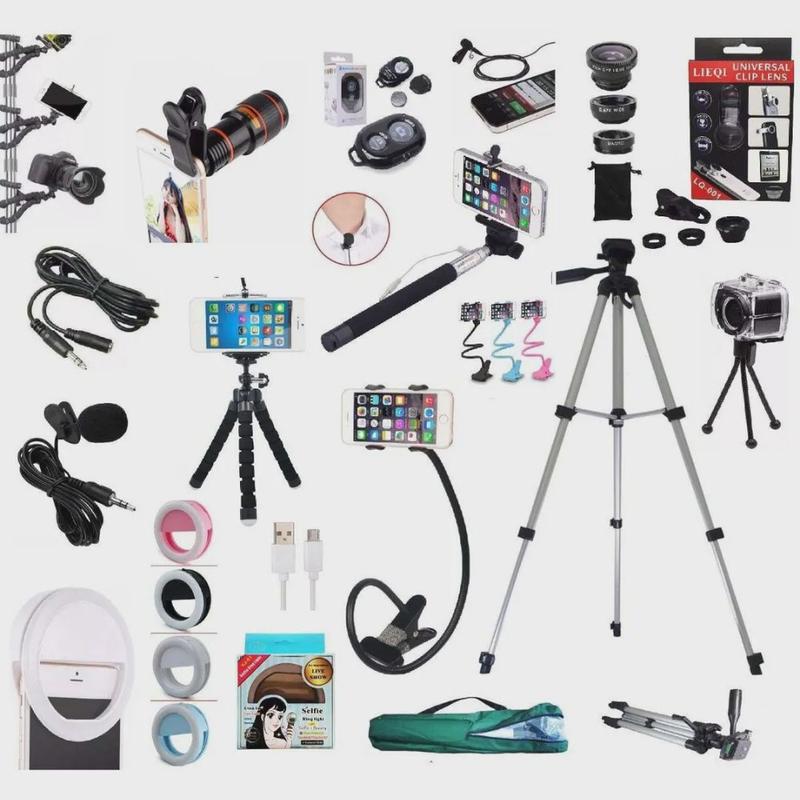 Kit Youtuber Profissional Gravação Tripé Zoom Luz de Selfie Suportes ...
