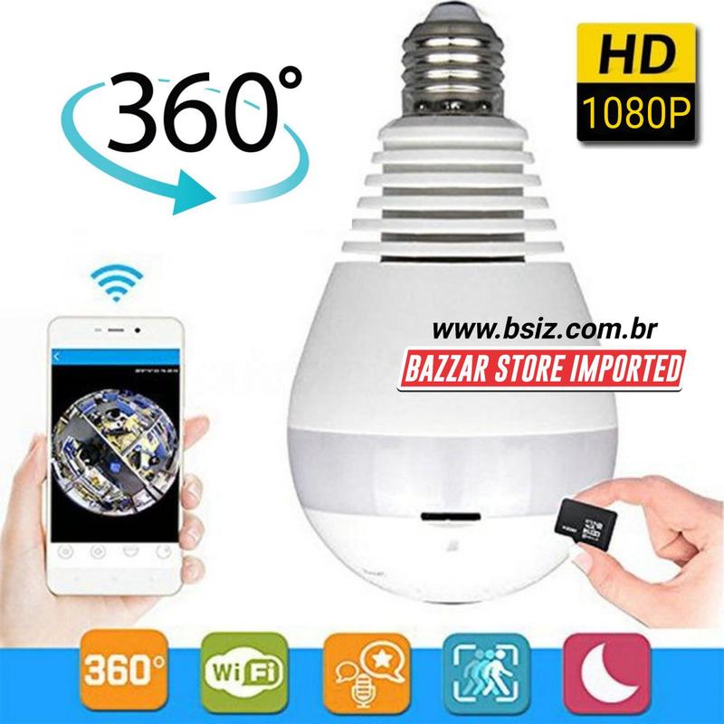 Lampada Câmera Espiã Câmera 360 HD 1080P 3D Monitoração Celular Wifi ...
