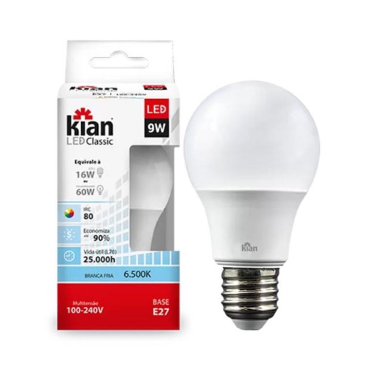 Lâmpada Led 9W Bulbo Soquete E-27 Bivolt 6500K Branca Fria Kian ...