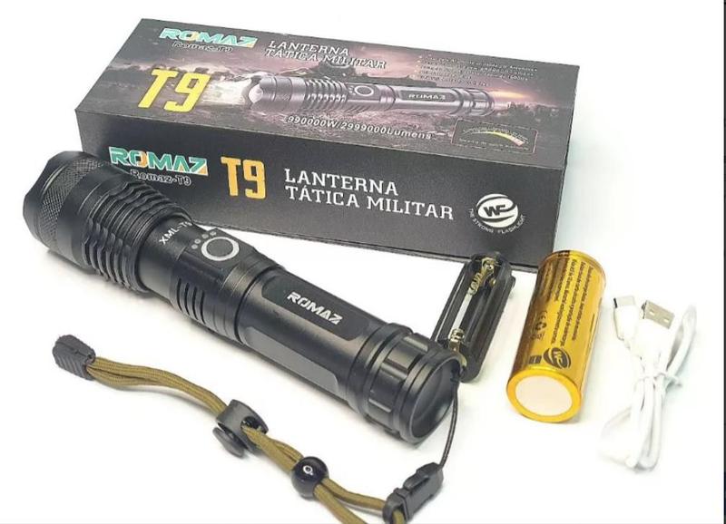 Lanterna Tática Militar T9 c/ Zoom Recarregável de Alta Resistência ...