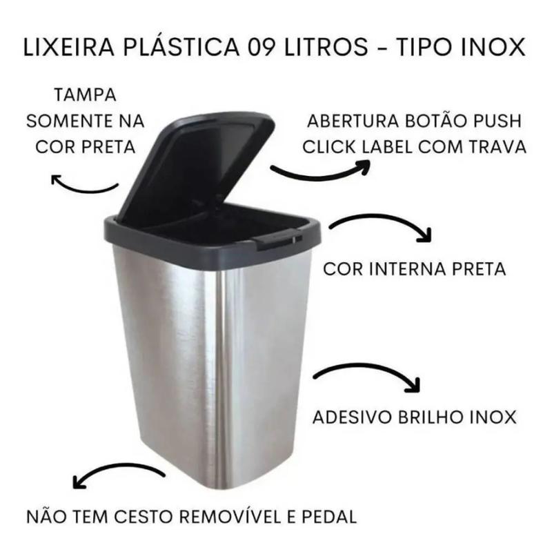 Lixeira com click 9 Litros label folha de Inox - Arqplast - Lixeira e ...