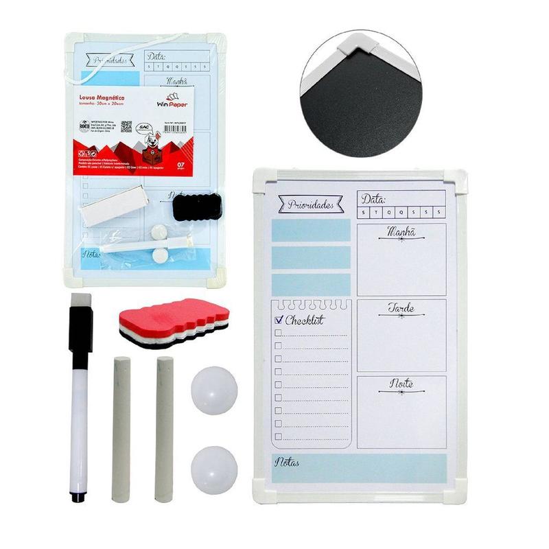 Lousa magnética c/ dupla kit caneta apagador giz imã 30x20cm - Win ...