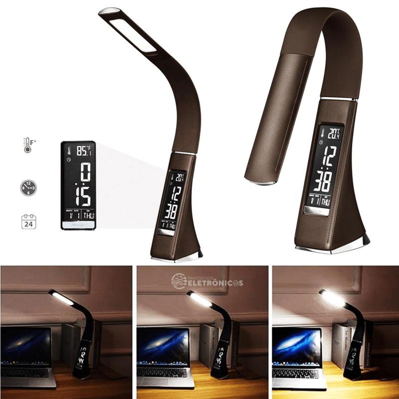 Luminária De Mesa Relógio Abajur Termômetro Alarme Potência 7W Marrom TB0792 - Lucky - Luminária ...