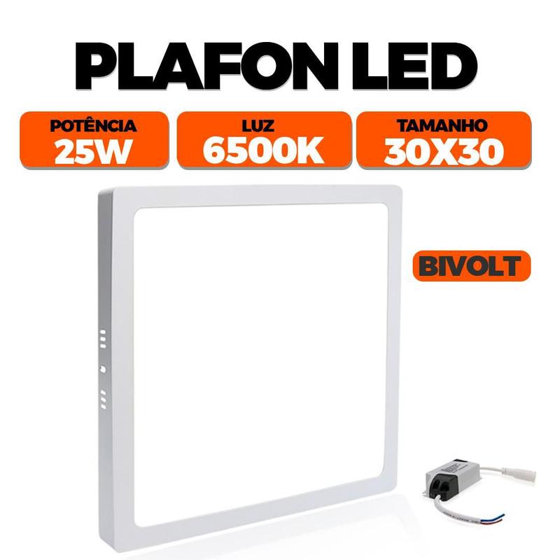 Luminária Paflon Led 25W Branco Frio 30x30cm Sobrepor Quadrado 6500K ...
