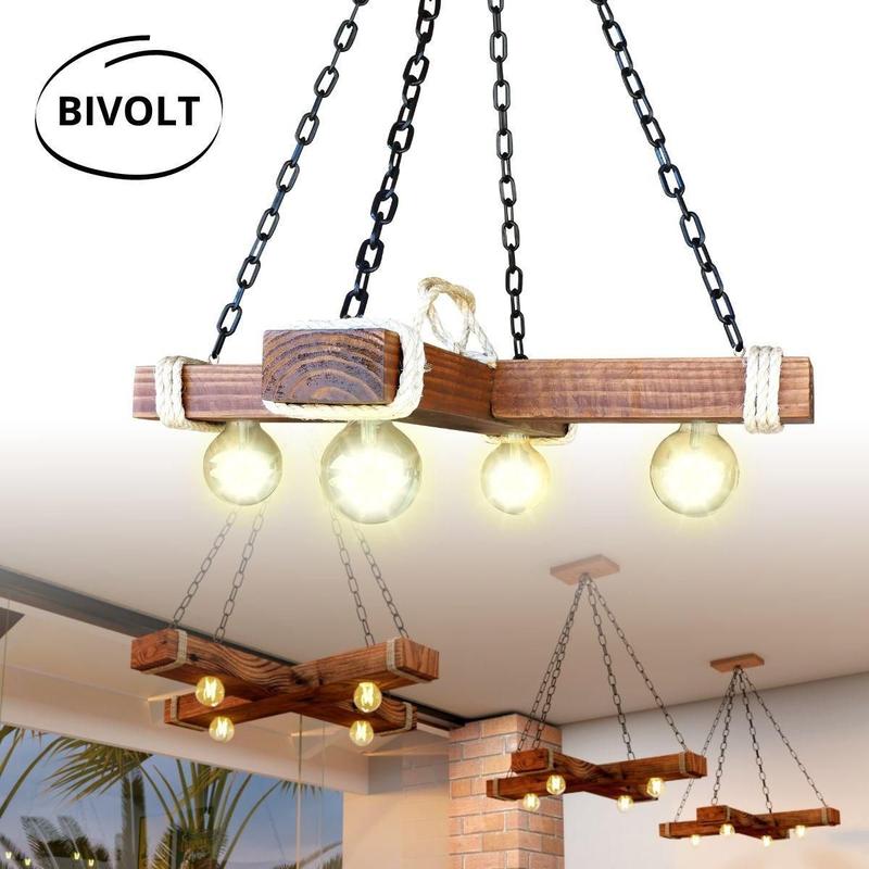 Luminária Pendente Rustica Decoração Lustre De Madeira Teto - Redskull ...