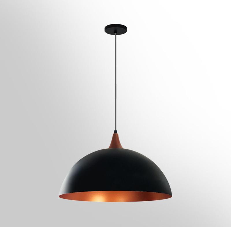 Lustre Pendente Meia Lua 40CM C/ Chapéu Preto interior Cobre - RRJV ...