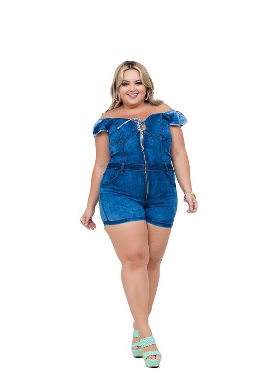 Macacão Curto Jeans Plus Size Lycra Top Lindo No Corpo 0071b - Q Chick ...