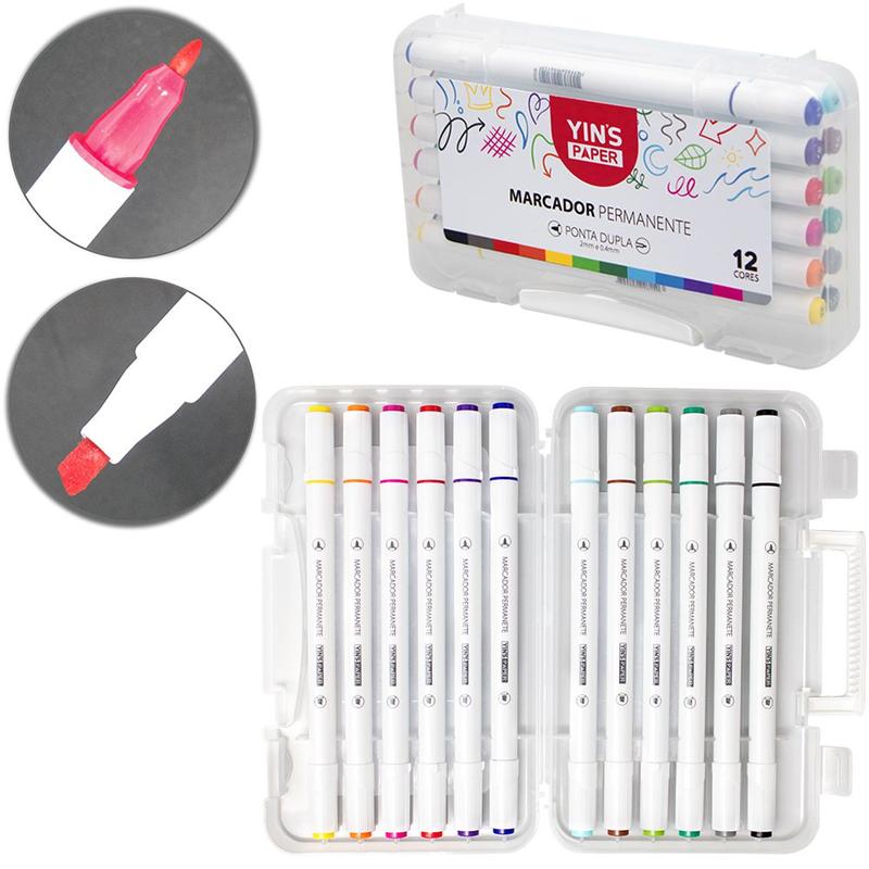 Marcador permanente ponta dupla 4/1mm yins paper com 12 pecas no estojo ...
