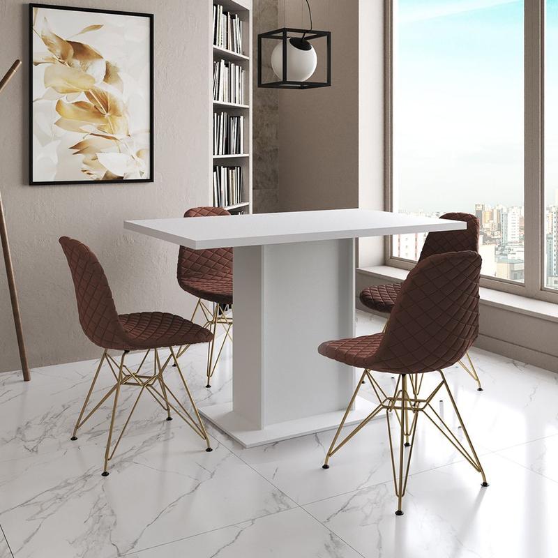Mesa Jantar Londres Tampo Branco 120cm 4 Cadeiras Base Dourado Estofado ...