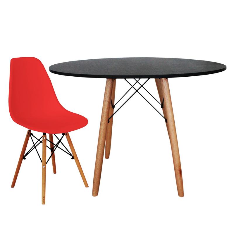 Mesa Redonda Preta 90CM + 1 Cadeira Eames Eiffel Pés de Madeira - E ...