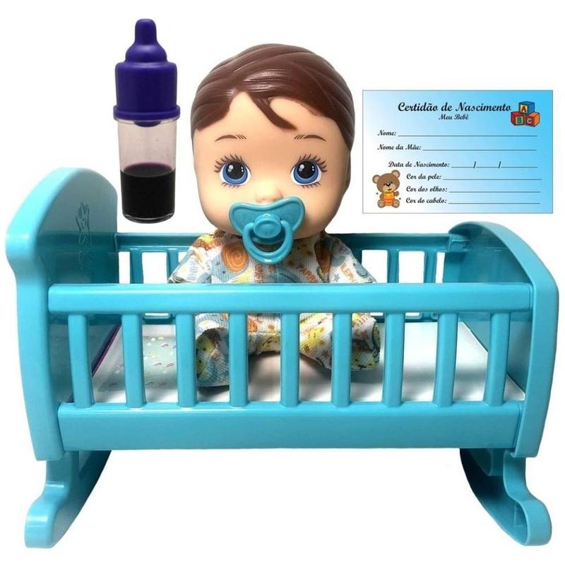Mini Boneco Bebê Baby Pequeno Menino Moreno Acompanha Berço Azul e ...