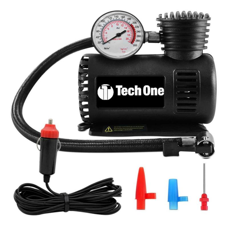 Mini Compressor de Ar Automotivo Tech One Multiuso Compacto 12V 300 PSI Manômetro 3 Bicos Pneu ...