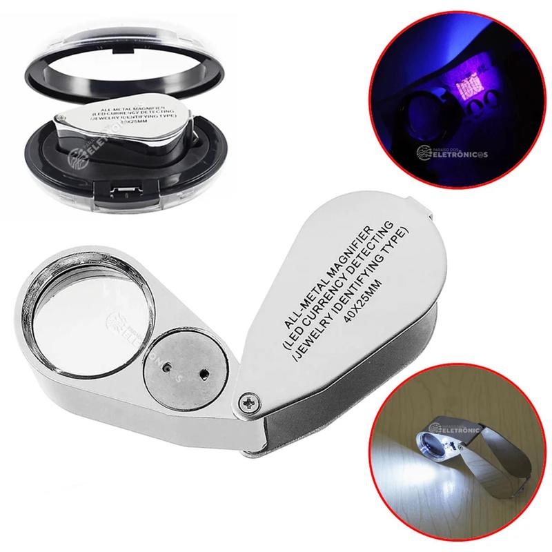Mini Lupa Dupla Aumento Para Joias Com LED Branco e UV 40x25mm Ampla ...