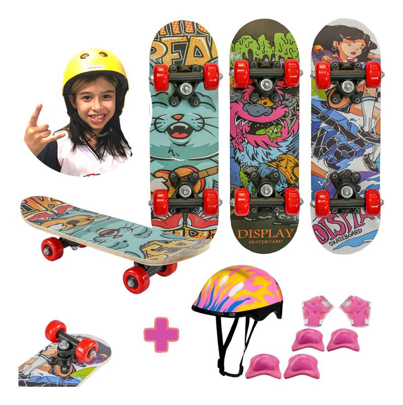 Mini Skate Infantil Menina Criança com Capacete Rosa Kit Proteção ...