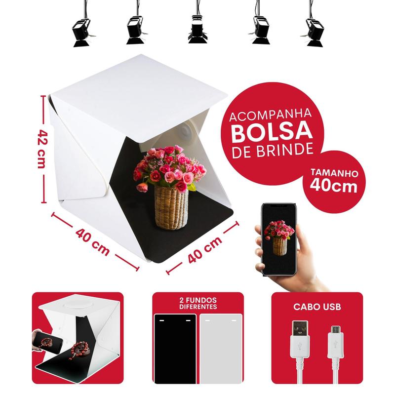 Mini Studio Box Cabine Fotográfico Fotos Dobrável Led 40x40 ...