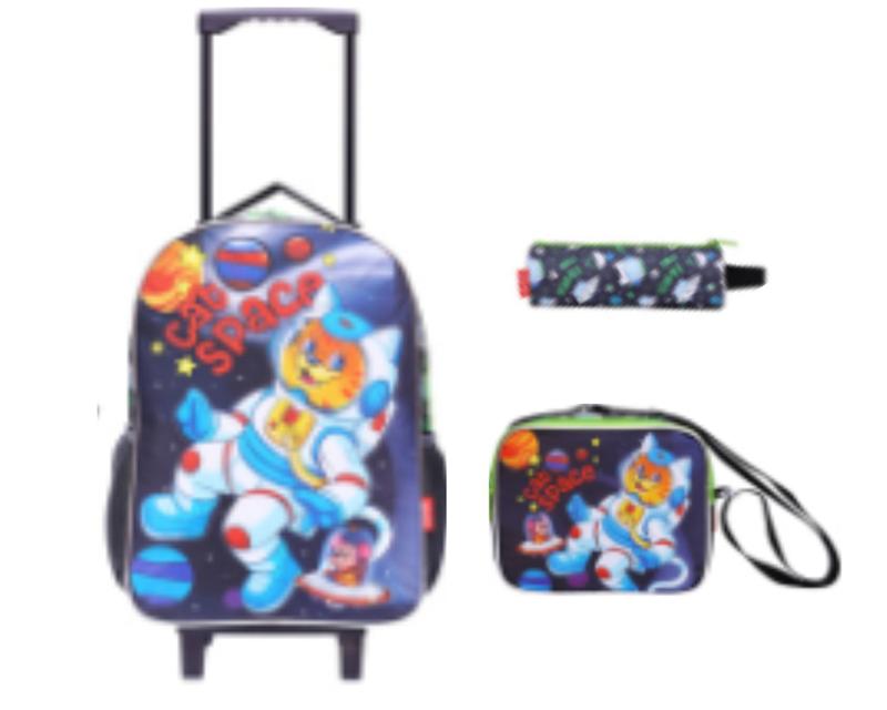 Mochila Infantil Com Rodinhas Cat Sapce Azul kit com Lancheira Térmica ...