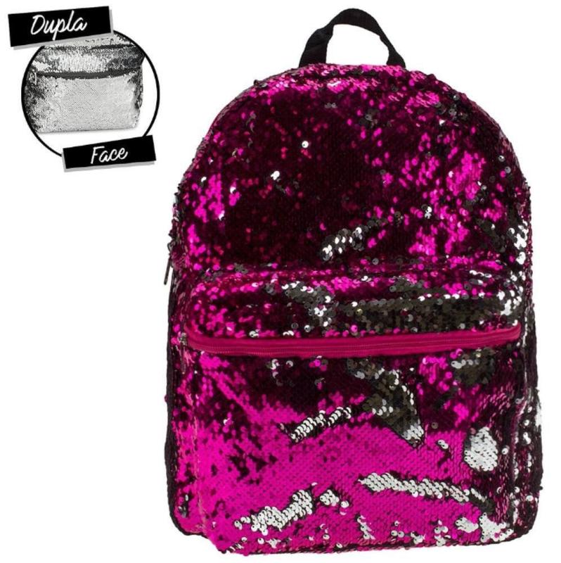Mochila Poliéster de Costas Paetê Rosa e Prata CG2027 - Clio Girls ...