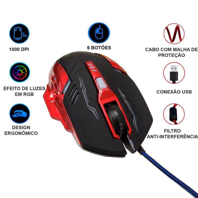 Mouse gamer led ergonomico 6 botoes com fio usb aj014 - ANJ GG - Mouse Gamer - Magazine Luiza