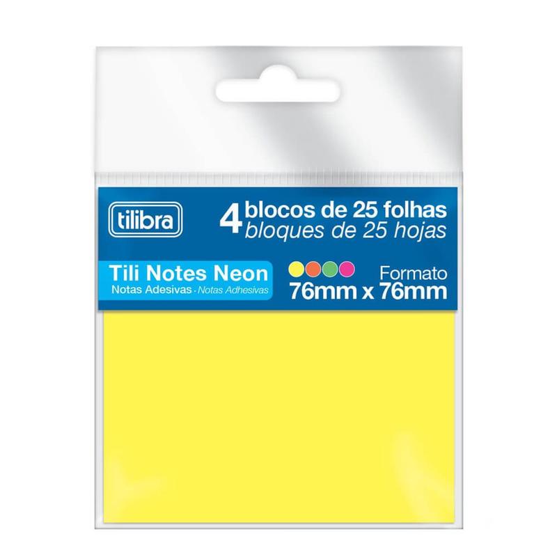 Notas Adesivas Tili Notes Neon 7,6x7,6cm - 4 Cores - Tilibra - Bloco de ...