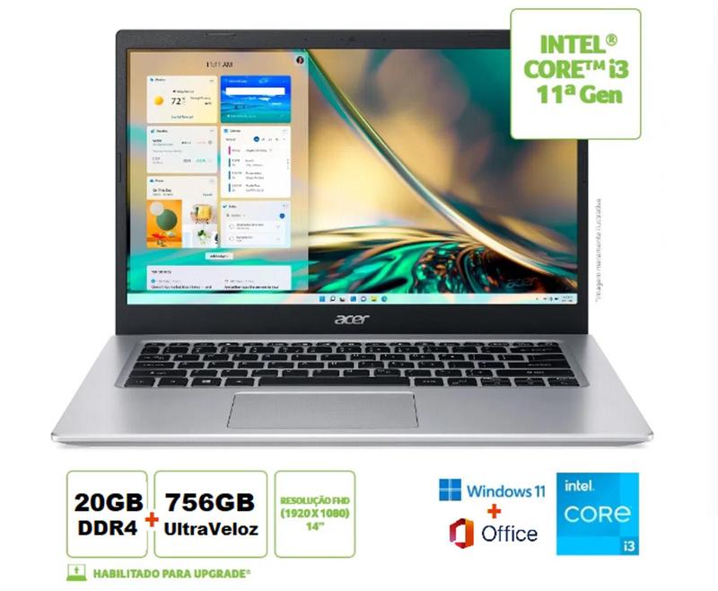 Notebook Acer Aspire 8/12/20GB DDR4 + 756GB* UltraVeloz, 14Pol FullHD ...