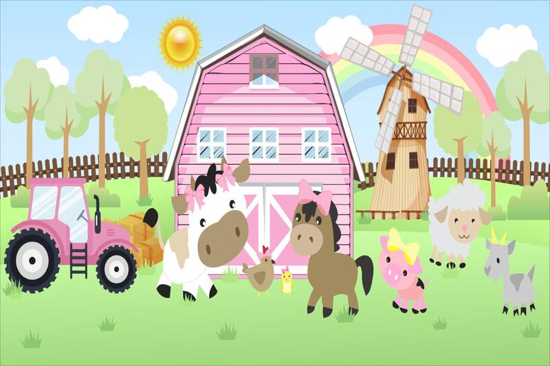 Painel de Tecido Sublimado Fazendinha Celeiro Rosa Animais no Campo ...