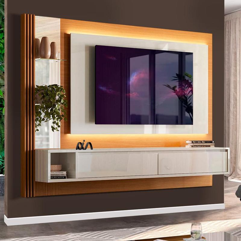 Painel Home Com Espelho E LED TV Até 65 Polegadas Marrom Off White ...