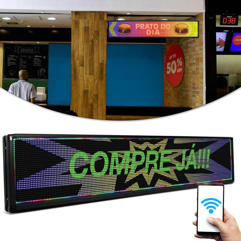 Painel LED RGB Letreiro Luminoso Digital Bivolt 100x20 cm Colorido USB ...