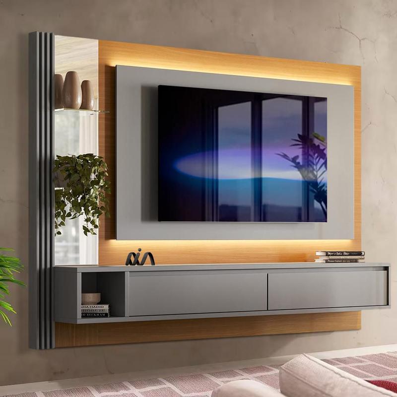 Painel Ripado Com Espelho E LED TV Até 65 Polegadas Cinza Marrom Caius ...