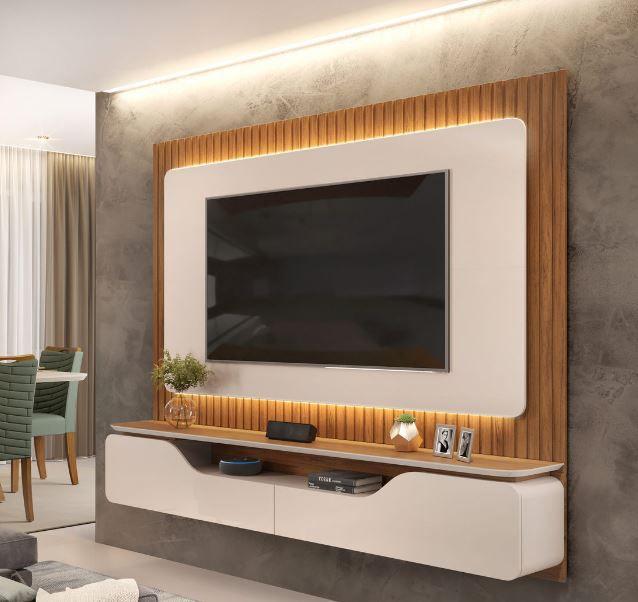 Painel Tv 70 Poledas Off White / Freijo MDF com Fitas de LED DJ Móveis ...