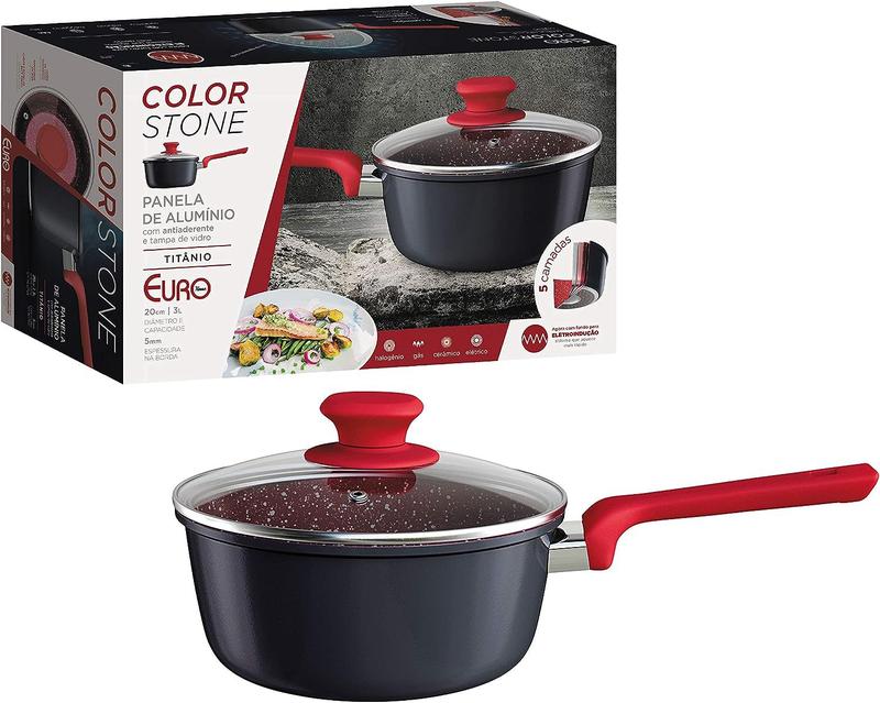 Panela 20 cm ColorStone de alumínio com antiaderente e tampa de vidro ...