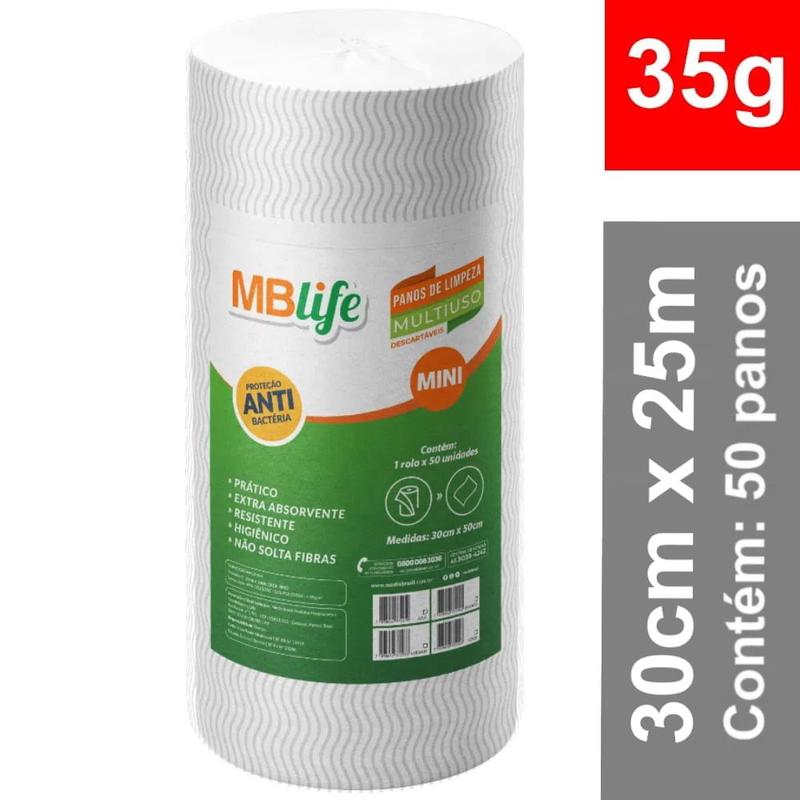 Pano de Limpeza Multiuso 35g Mini Rolo de 30cm x 25m (50 panos de 50cm ...