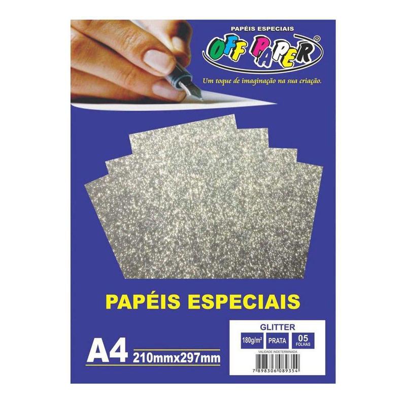Papel com gliter a4 prata 180g/m2 com 5 folhas off paper - Papéis ...