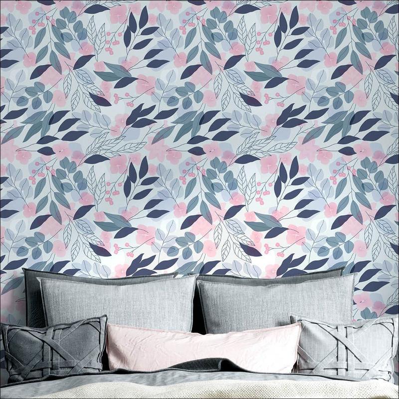 Papel de Parede Folhas Aquarelada Azul e Rosa - AloPapers - Papel de ...