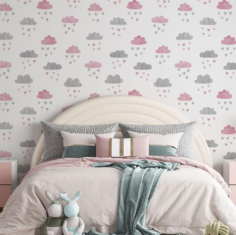 Papel de Parede Vinil Adesivo Nuvem Cinza Rosa Aquarela Chuva Infantil ...