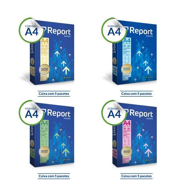 Papel Sulfite Report Colorido A4 75g 500 folhas - Caixa com 5 pacotes ...