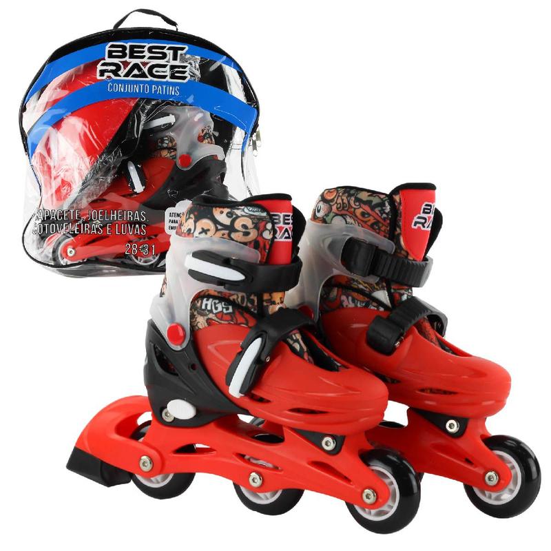 Patins Infantil Estampado Menino Flores Corações Kit Completo 2 em 1 ...
